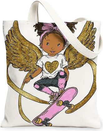 Generic Sacs fourre-tout en toile avec ailes dange - Motif de planche &agrave; roulettes - L&eacute;gers, lavables et r&eacute;utilisables - Pour le printemps, les voyages en plei