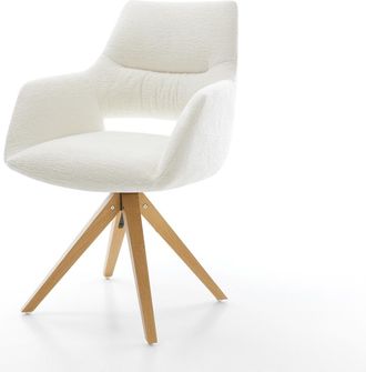 DELIFE Drehstuhl Yago-Flex mit Armlehnen Boucl&eacute; Soft Beige Holzgestell kantig Natur 360&deg; drehbar Taschenfederkern, Esszimmerst&uuml;hle