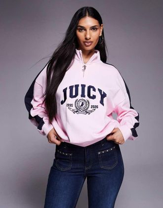 Juicy Couture Sweatshirt in Rosa mit College-Wappenlogo und kurzem Rei&szlig;verschluss
