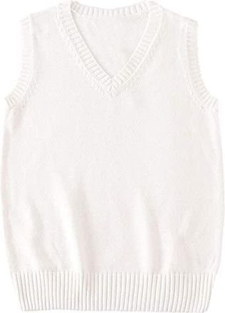 Lazutom Pull sans manches avec col en V pour femme, blanc, 38