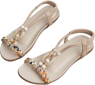 Generic Sandales plates &agrave; lani&egrave;res pour femme - Bout ouvert - Style d&eacute;contract&eacute; - Style boh&egrave;me - Sangle de cheville - Confortables - Large largeur - Perles - 