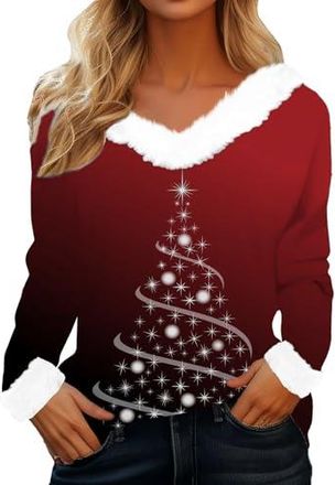 Generic Pulls de No&euml;l pour femmes avec bordure en fausse fourrure, imprim&eacute;s de sapins de No&euml;l originaux avec col en V, manches longues, sweats &agrave; capuche confo