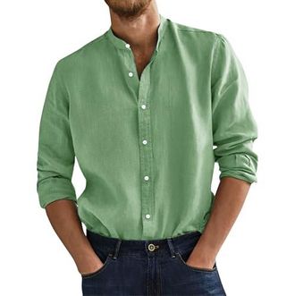 Generic Chemise pour homme &agrave; col grand-p&egrave;re &agrave; manches longues en lin chemise de loisirs boutonn&eacute;e d&eacute;contract&eacute;e unie col bande intelligente chemise de plage po