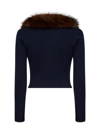 Self Portrait Womens Cardigan With Faux-Fur Collar Navy Blue Wool-Blend Cardigans Sweater