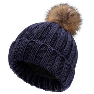 Neola Bonnet dhiver pour femme - Bonnet doubl&eacute; en polaire doux et chaud avec pompon amovible en fausse fourrure pour sports de plein air, ski, Style B - Ble