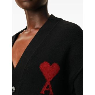 Ami Intarsia Heart Motif Wool Cardigan - Black