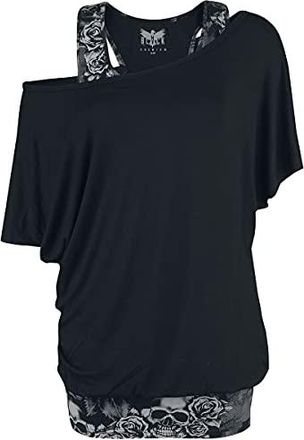 Black Premium by EMP Femme T-Shirt Gris-Noir &agrave; Double &eacute;paisseur avec Impression t&ecirc;te de Mort XXL