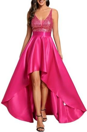Ever-pretty Robe de Cocktail Femme High-Low sans Manches Paillettes Col V Bretelles Taille Empire Chic Rose Rouge 38