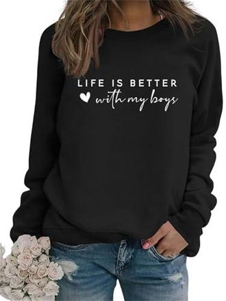 Generic Life Is Better with My Boys Sweat-shirt &agrave; col rond et manches longues pour femme Mom Life Pull graphique Mama Mother Pull Tops (UK, Alpha, S, standard