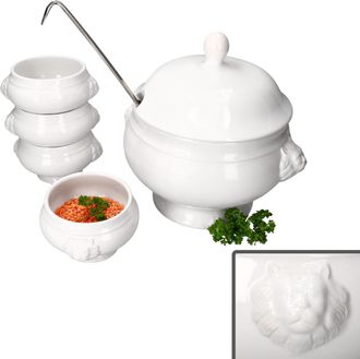 MamboCat 5tlg. Set LEO Löwenkopf-Terrine mit & ohne Deckel I 4x 0,25L & 1x 2 Liter I weiße Suppenschüssel mit Löwenköpfen für Suppe & Eintöpfe