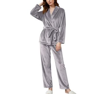 Generic Ensemble de peignoir en polaire pour femme - Pyjama en polaire douce et chaude - Vêtement dintérieur à manches longues - Vêtement dintérieur 2 pièces 