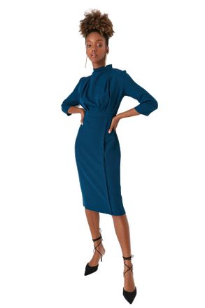 Trendyol Damen Woman Mini Bodycon Asymmetrischer Kragen Gestrickt Größen Kleid, Öl, 38