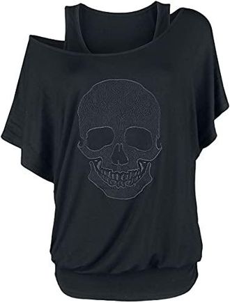 Rock Rebel by EMP Femme T-Shirt Noir &agrave; Double &eacute;paisseur avec t&ecirc;te de Mort XXL
