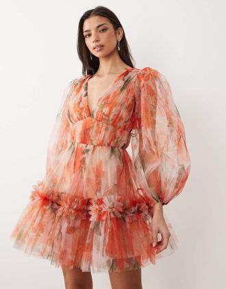 Lace & Beads Robe courte en organza &agrave; imprim&eacute; coquelicots avec col V et manches ballon - Orange vif-multicolore