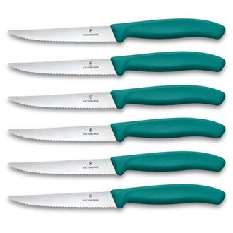 Victorinox by Swiss Army Swiss Classic Profi Steak- und Pizzamesser-Set, 6-teilig, Tafelmesser, Wellenschliff, Scharfe Klingen, 11 cm, Robuste Kunststoffgriffe, Gr&uuml;n