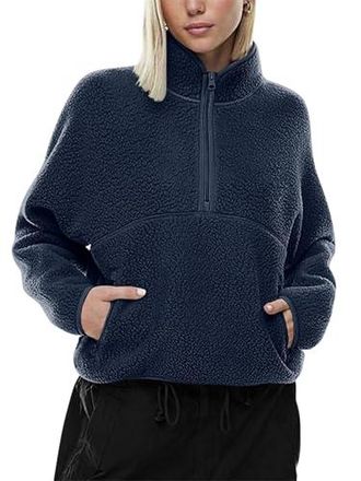 Generic Chandail court en polaire pour femme avec demi-fermeture &eacute;clair et poches, noir fonc&eacute;, 3XL