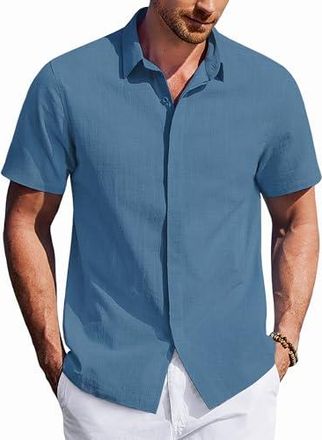 Coofandy Chemise Homme Manches Courtes Coton &Eacute;t&eacute; Chemise Casual Homme Plage Vacances Confort Respirante avec Boutons Cach&eacute;s Bleu Marine XXL
