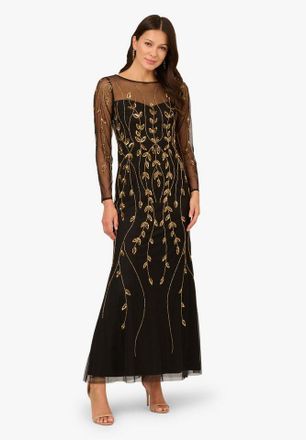 Adrianna Papell Abendkleid Long Sleeve Beaded Dress Verziertes Kleid mit transparentem Mesh-&Uuml;berzug und Perlenstickereien