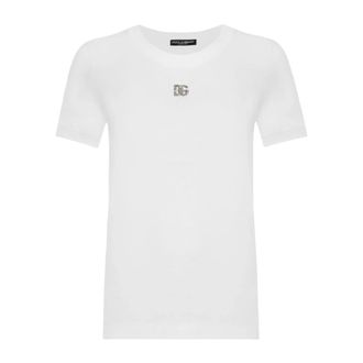 Dolce & Gabbana Femme, Tops, Blanc, Taille: 38 FR T-Shirt avec Plaque Logo