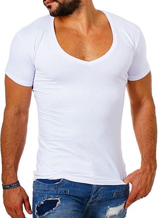 Young & Rich Herren Uni T-Shirt mit extra tiefem V-Ausschnitt Slimfit deep V-Neck Stretch dehnbar Basic Shirt 1315, Gr&ouml;sse:3XL, Farbe:Wei&szlig;