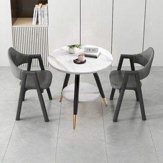Generic Runder Empfangstisch Und 2 St&uuml;hle Im Set - Moderne Holzmaserung Mit PU-Ledersitzen for B&uuml;ro Oder Lounge(Dark Gray Chairs+Faux Marble Table)