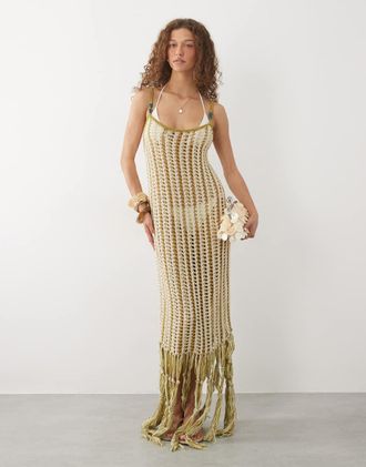 Asos Tara - Maxi-Strandkleid in Limettengr&uuml;n gestreift mit Makramee-Detail und Quasten