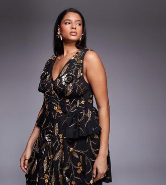 Asos Curve -Skaterkleid in Schwarz mit Blumenverzierung und Korsettdetail-Bunt