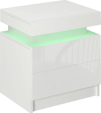 HOMCOM Table de chevet LED 2 tiroirs blanc laqué