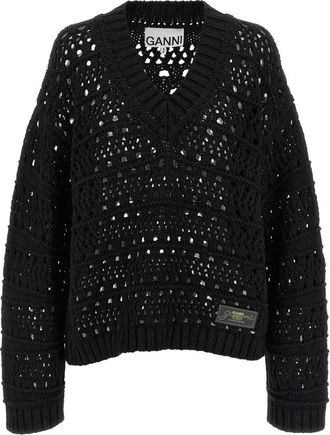 Ganni Femme, Pulls, Noir, Taille: 38/40 FR Pull Crochet Col V