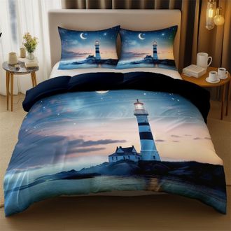Generic Bettwäsche 200 x 200 cm Dunkelblau Landschaft Nachtansicht Leuchtturm Atmungsaktiv Wende Bettwäsche Set Bedrucktes Für Kinder Erwachsene Bettbezug mit