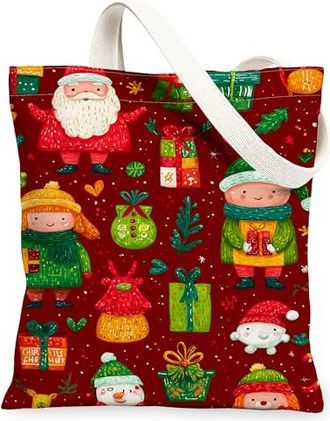 Generic Sacs fourre-tout en toile avec personnages de No&euml;l, motifs de vacances amusants, l&eacute;gers, lavables et r&eacute;utilisables pour le shopping, les voyages, Roug