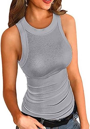 ORANDESIGNE Débardeur Sexy Col Rond Femme Tshirt sans Manches Blouse Dété Cami Top Moulante Chic T-Shirt Gris 38