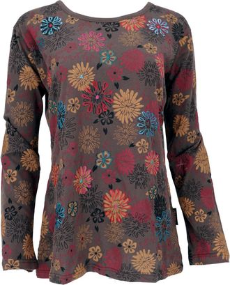 Guru Shop Besticktes Langarmshirt Hippie Chic Retro - Braun, Damen, Baumwolle, Size:XL