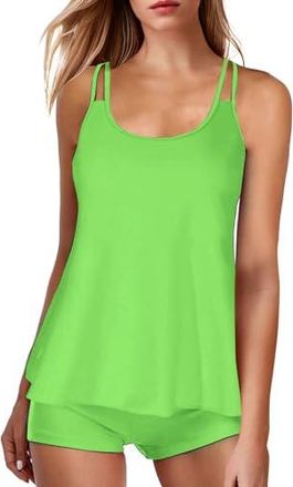 Generic Maillot de bain tankini 2 pièces modeste gainant pour femme - Haut tankini avec short sportif, Vert, XXL