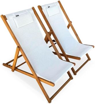 Sweeek Chiliennes bois - Creus - 2 transats en bois dEucalyptus huil&eacute; avec coussin repose-t&ecirc;te blanc