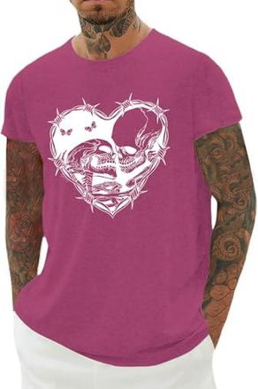 Generic Chemise de Saint-Valentin pour homme - T-shirt imprim&eacute; cr&acirc;ne coeur gothique Saint-Valentin T-shirt tendance d&eacute;contract&eacute; chemise graphique f&ecirc;te, rouge 