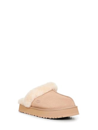 UGG Womens Slippers Disquette Suede Beige Calf Leather Mules Sandal
