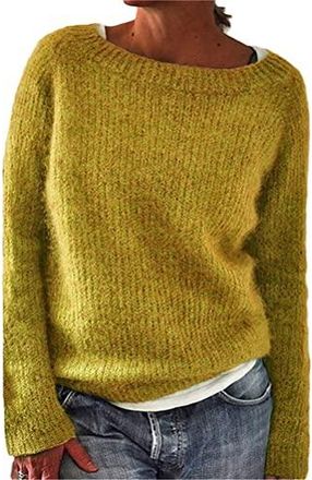 Minetom Femme Pull Col Rond Pull-Over Sweater Hauts à Manches Longues Chandail Casual Tricots Hiver Automne Chemise Jaune XXL