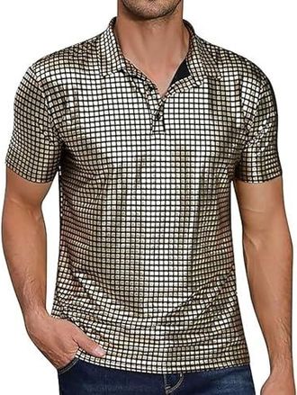 Generic Chemise &agrave; paillettes pour homme - Tenue de Nouvel An - Manches courtes - Chemise scintillante - Polo slim fit - Costume de carnaval - Disco des ann&eacute;es