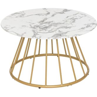 PEGANE Pegane - Table basse, Table de salon en verre tremp&eacute; effet marbre coloris Blanc, noir et fer coloris dor&eacute; - diam&egrave;tre 70 x Hauteur 40 cm