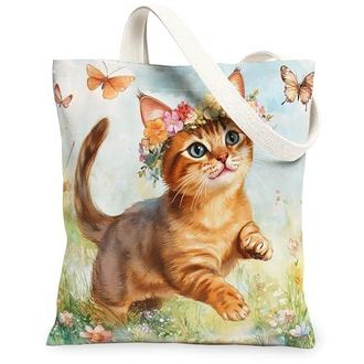 Generic Sac fourre-tout en toile motif chats abyssins printaniers 33 x 38,1 cm, sac d&eacute;picerie r&eacute;utilisable pour femme, motif animal de compagnie, d&eacute;coration c