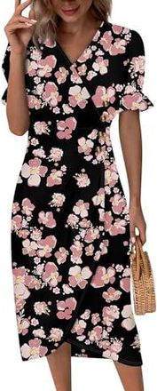 Generic Robe Femme Chic et Elegant Longue Col V a Manches Courtes Irregular Robe de Plage Fleurs Mode Maxi Robes De Cocktail Imprimé Taille Haute Robes pour F