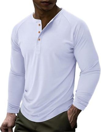Generic Henley Chemise &agrave; manches longues d&eacute;contract&eacute;e unie avec col en V et boutons pour homme - T-shirt l&eacute;ger et respirant pour printemps et automne - Hauts 