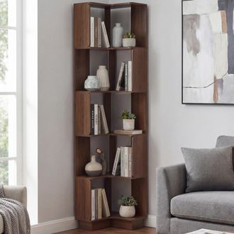 Mendler Eck-B&uuml;cherregal HWC-P53, Eckregal Standregal Wohnregal, 5 Ebenen MDF Melamin 175x40x40cm - braun