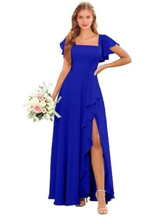 Generic Robe de demoiselle dhonneur à manches courtes en mousseline de soie avec fente et col carré, robe dinvitée de mariage, robe formelle pour mariage, ble