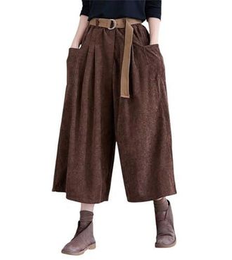 Generic Pantalons en velours c&ocirc;tel&eacute; &agrave; taille &eacute;lastique haute pour femmes, coupe large et courte, jean baggy, culottes avec ceinture, pantalons de d&eacute;tente, mar