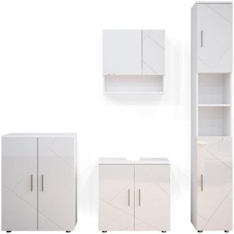 Vicco Ensemble de meubles de salle de bain Irma, Blanc Haute brillance, 4 pi&egrave;ces, avec armoire haute et commode