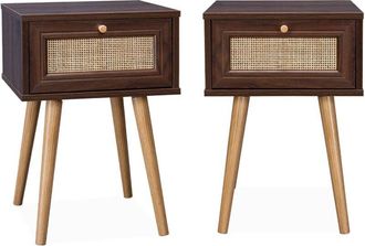 Sweeek Sweeek - Lot de 2 tables de chevet effet bois foncé et cannage avec 1 tiroir