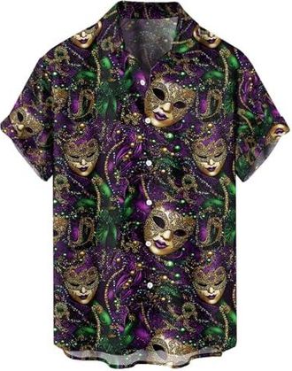 Generic Costume de carnaval pour homme - Chemise d&eacute;t&eacute; &agrave; manches courtes avec boutonni&egrave;re - Chemise de loisirs - Imprim&eacute; masque tendance - Chemise pour homme -