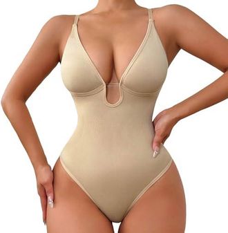 Generic Body gainant pour femme avec col en V, sans couture, rehausseur de silhouette, confortable, extensible, amincissant, soutien-gorge de taille, beige, S